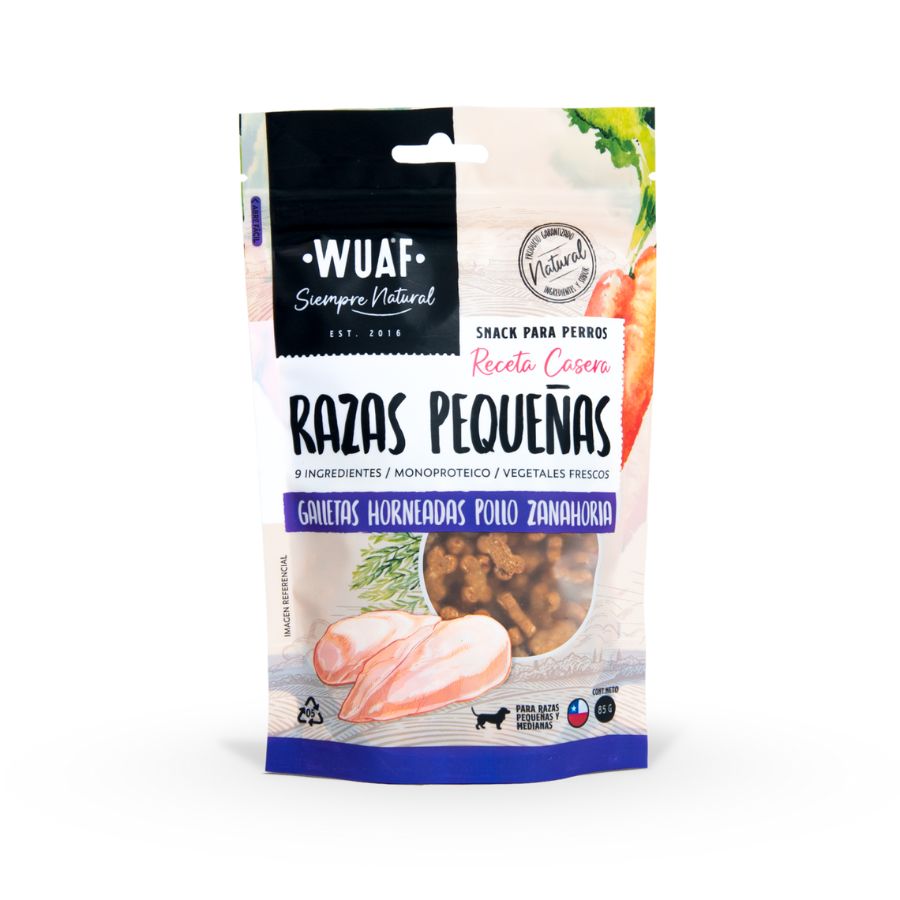 Wuaf razas pequeñas sabor pollo zanahoria 85GR snack para perros