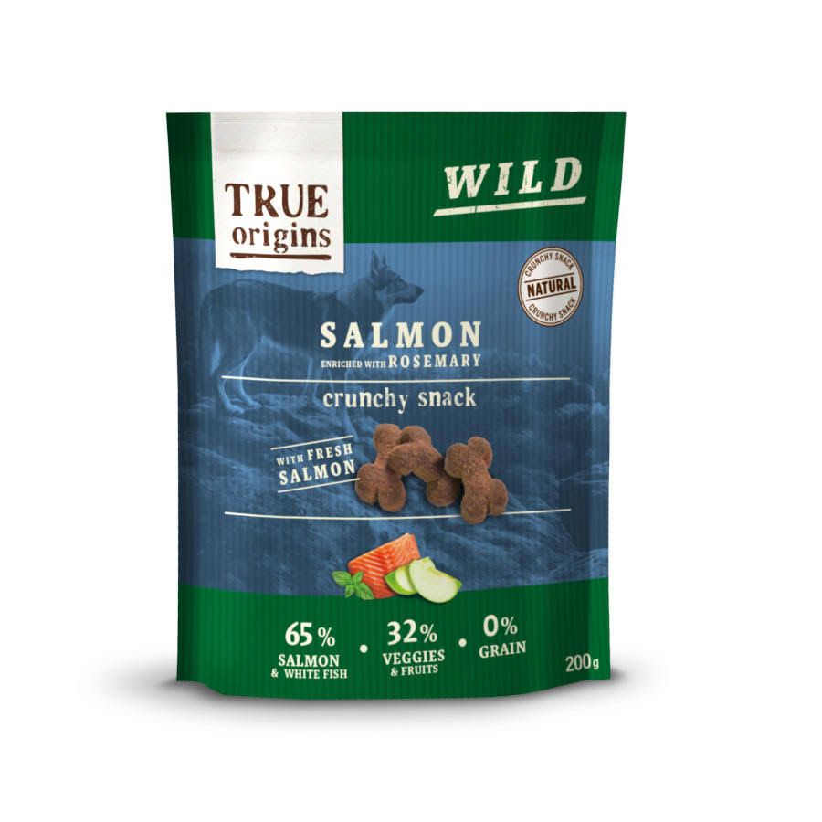 True Origins Wild salmón con manzana & romero snack para perros